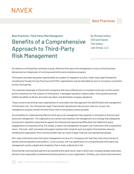 Benefits of a Comprehensive Approach to Third-Party Risk Management | NAVEX Benefits of a Comprehensive Approach to Third-Party Risk Management | NAVEX